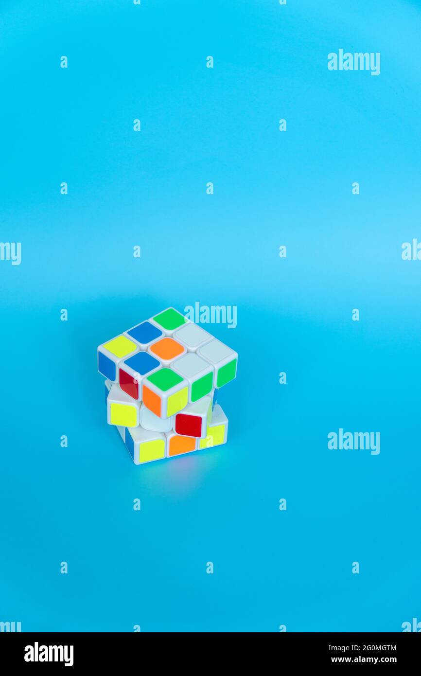 Moscow, Russia - 2nd June 2021: Rubik's cube on blue background Stock ...