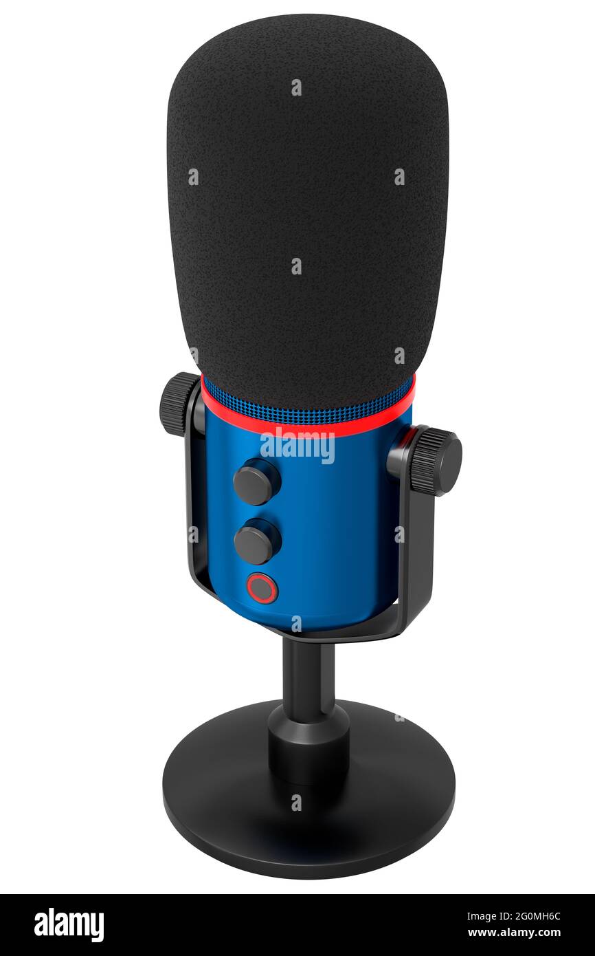 3D rendering of blue studio condenser microphone isolated on white ...