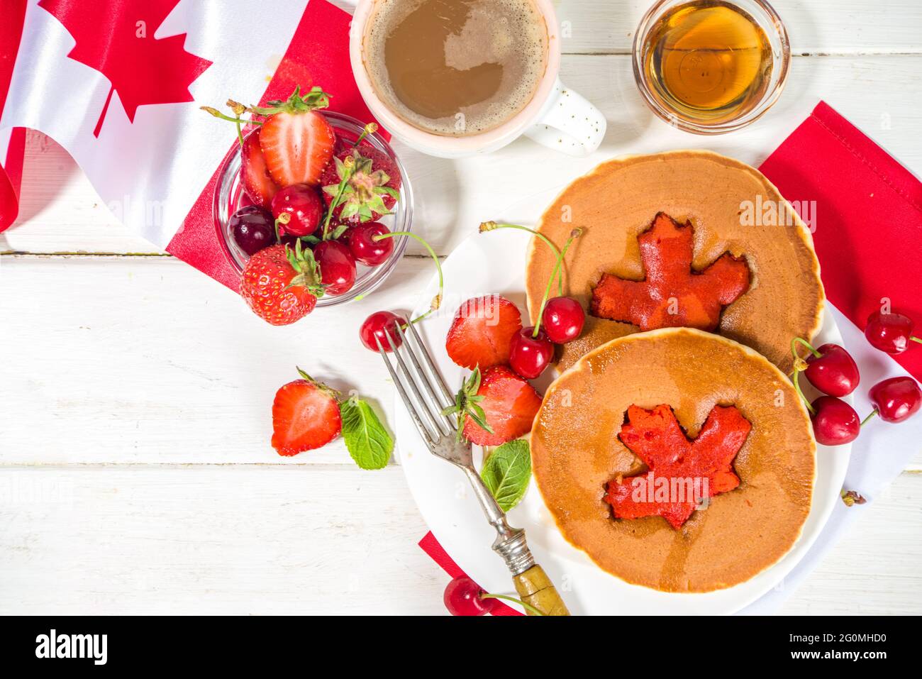 Canada Day concept, brunch menu background. Stack of red and white ...