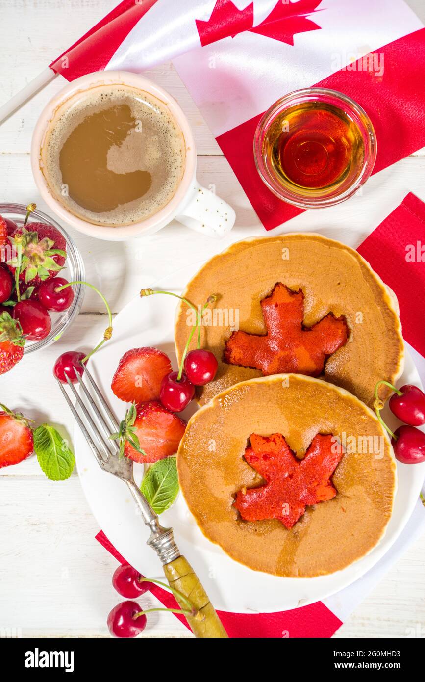 Canada Day concept, brunch menu background. Stack of red and white ...
