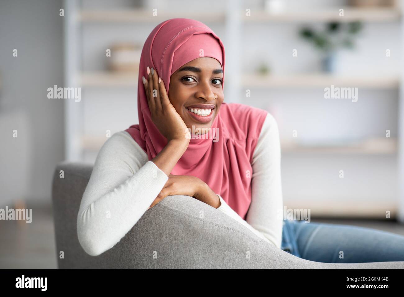 Portrait Of Beautiful Smiling Black Islamic Lady In Hijab Relaxing On ...