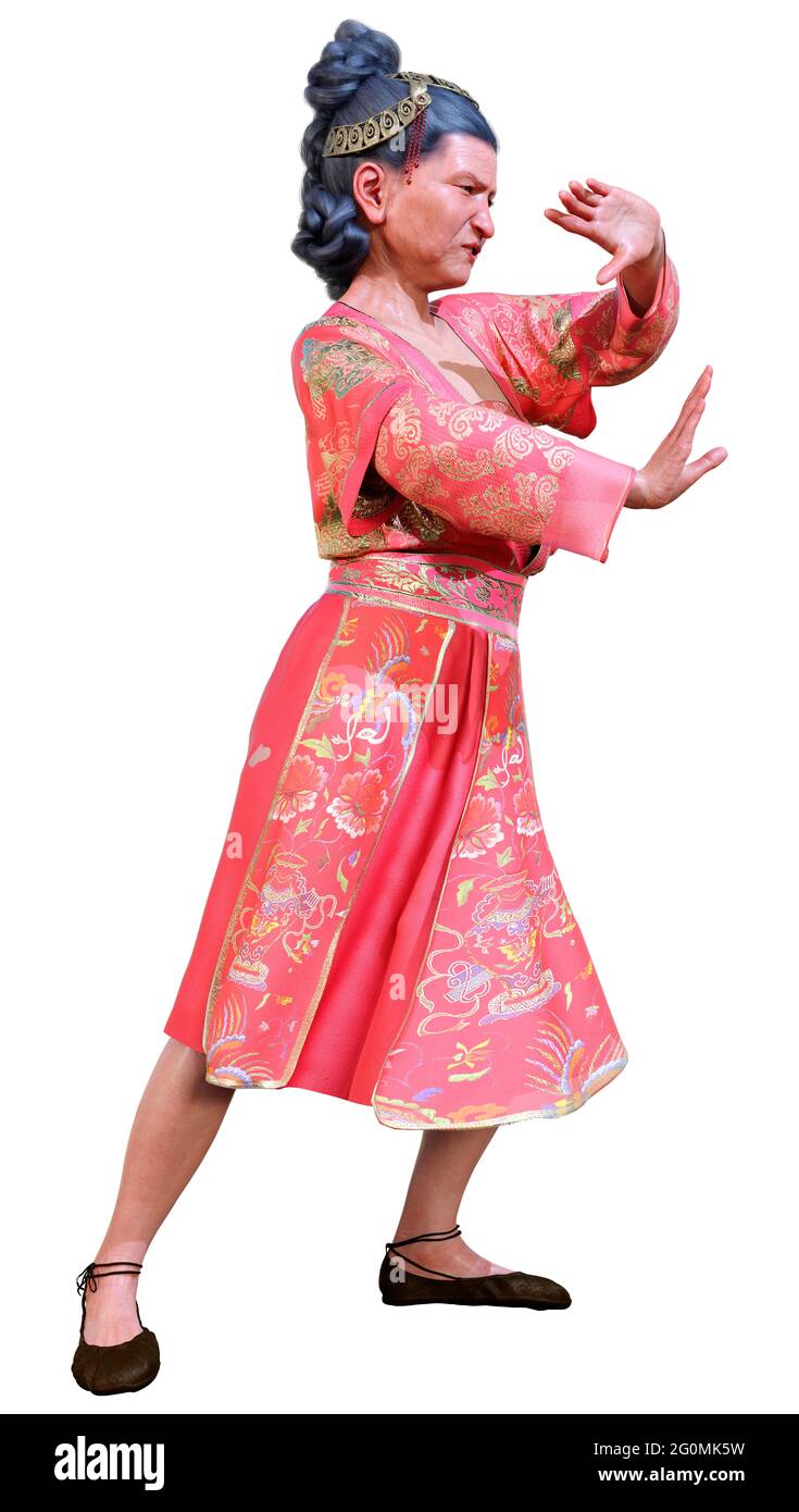 3D rendering of an Asian senior woman in a red traditional dress ...
