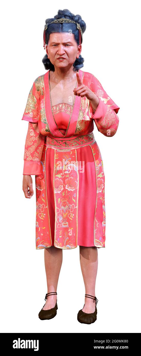 3D rendering of an Asian senior woman in a red traditional dress ...