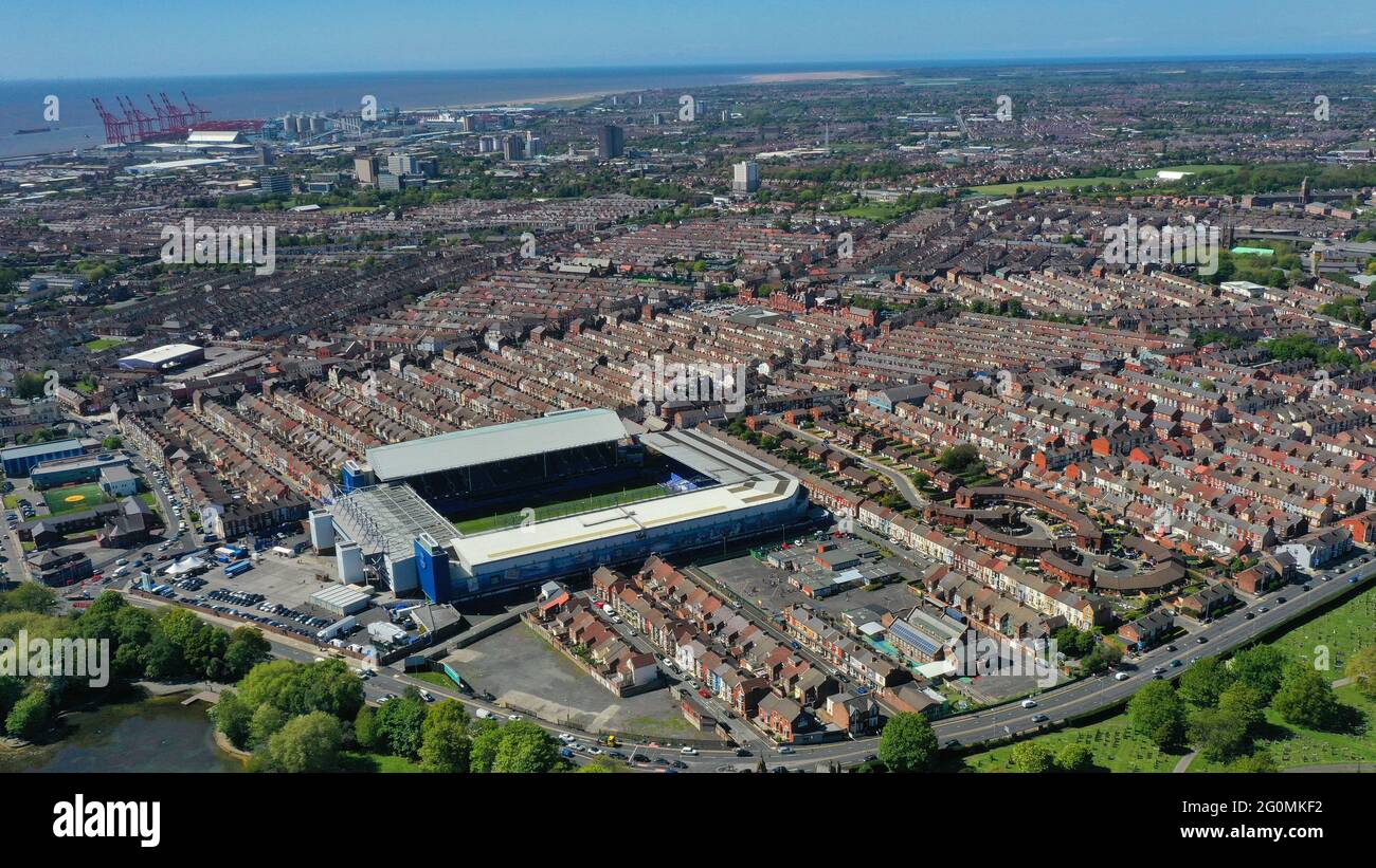 Goodison Park, Everton, Liverpool aerial view of football stadium Stock ...