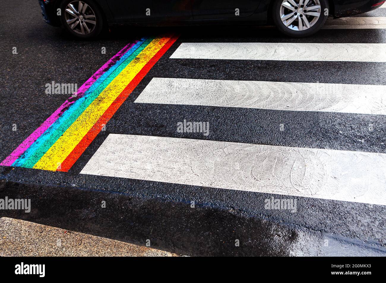 Street marking in rainbow colors . Rainbow pedestrian crossing on ...