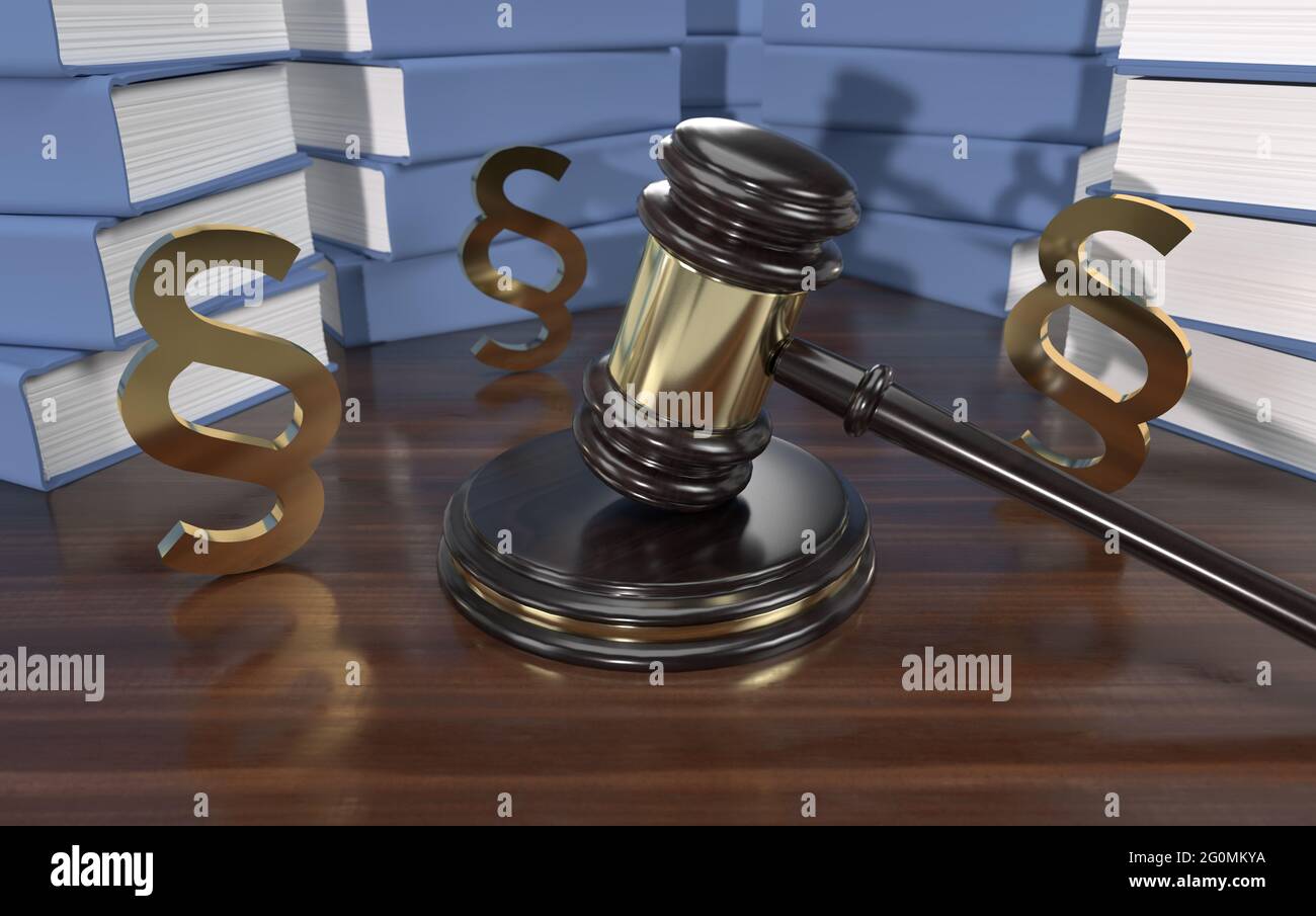 Justice gavel and golden paragraph symbols with many books in ...