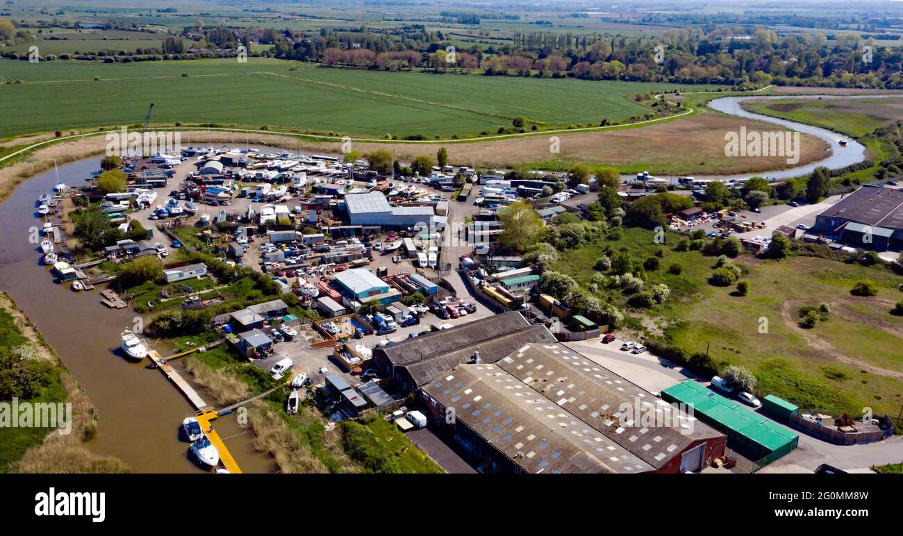 Aerial view of the River Stour winding around Sandwich Marina, at the ...