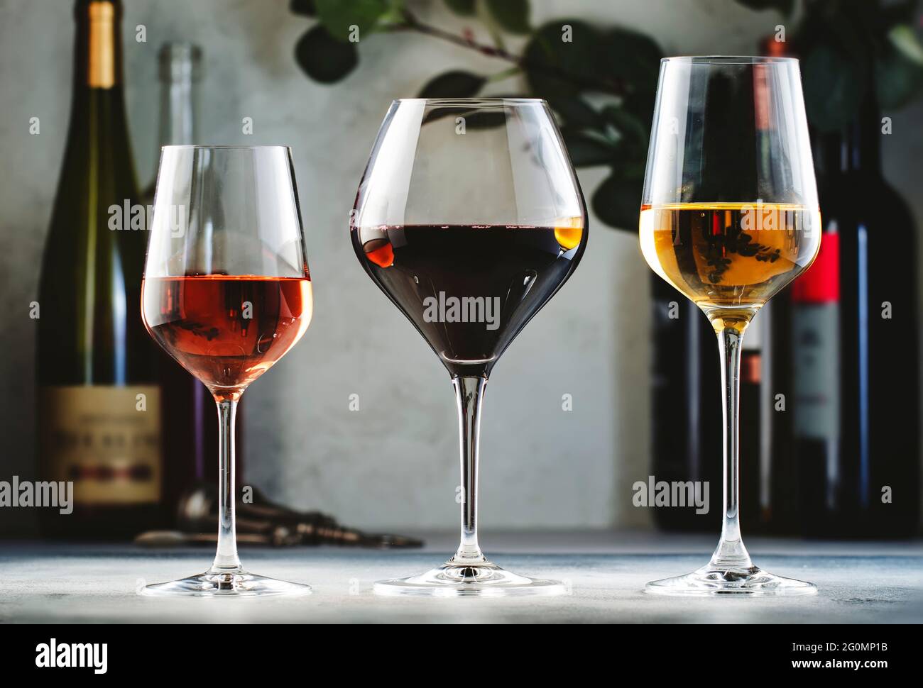 Wines assortment. Red, white, rose wine in wineglasses and bottles on ...