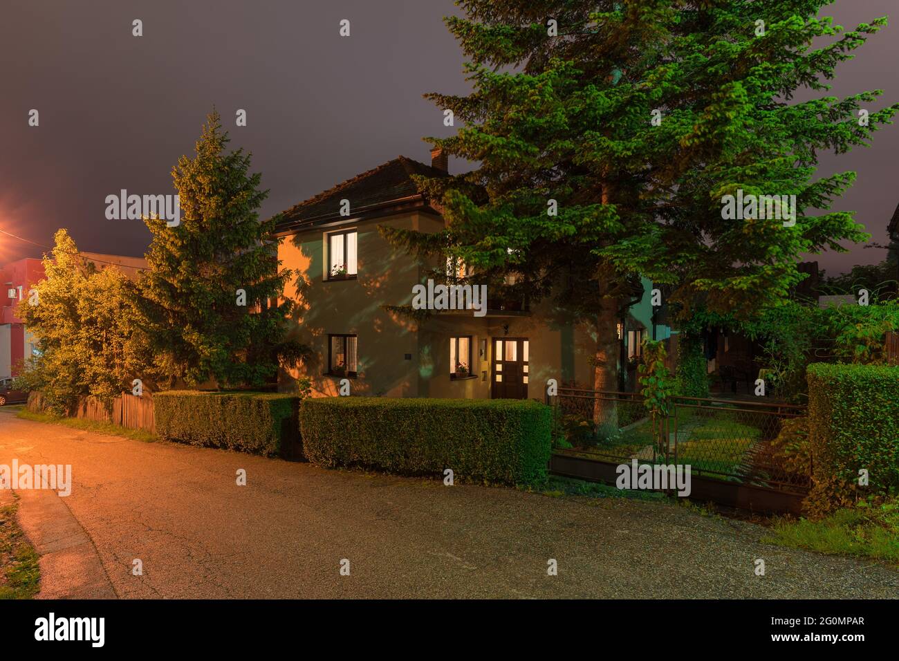 Small house in the countryside with a beautiful garden at night Stock ...
