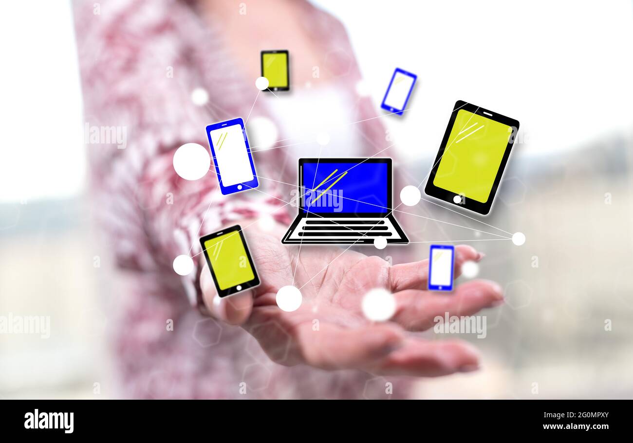 Devices connection concept above the hand of a woman in background ...