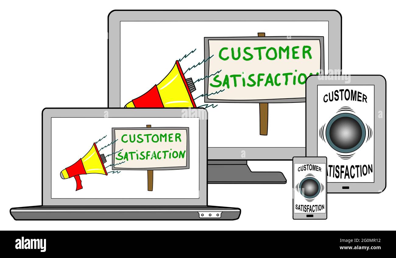 Customer satisfaction concept on different devices, isolated on white ...