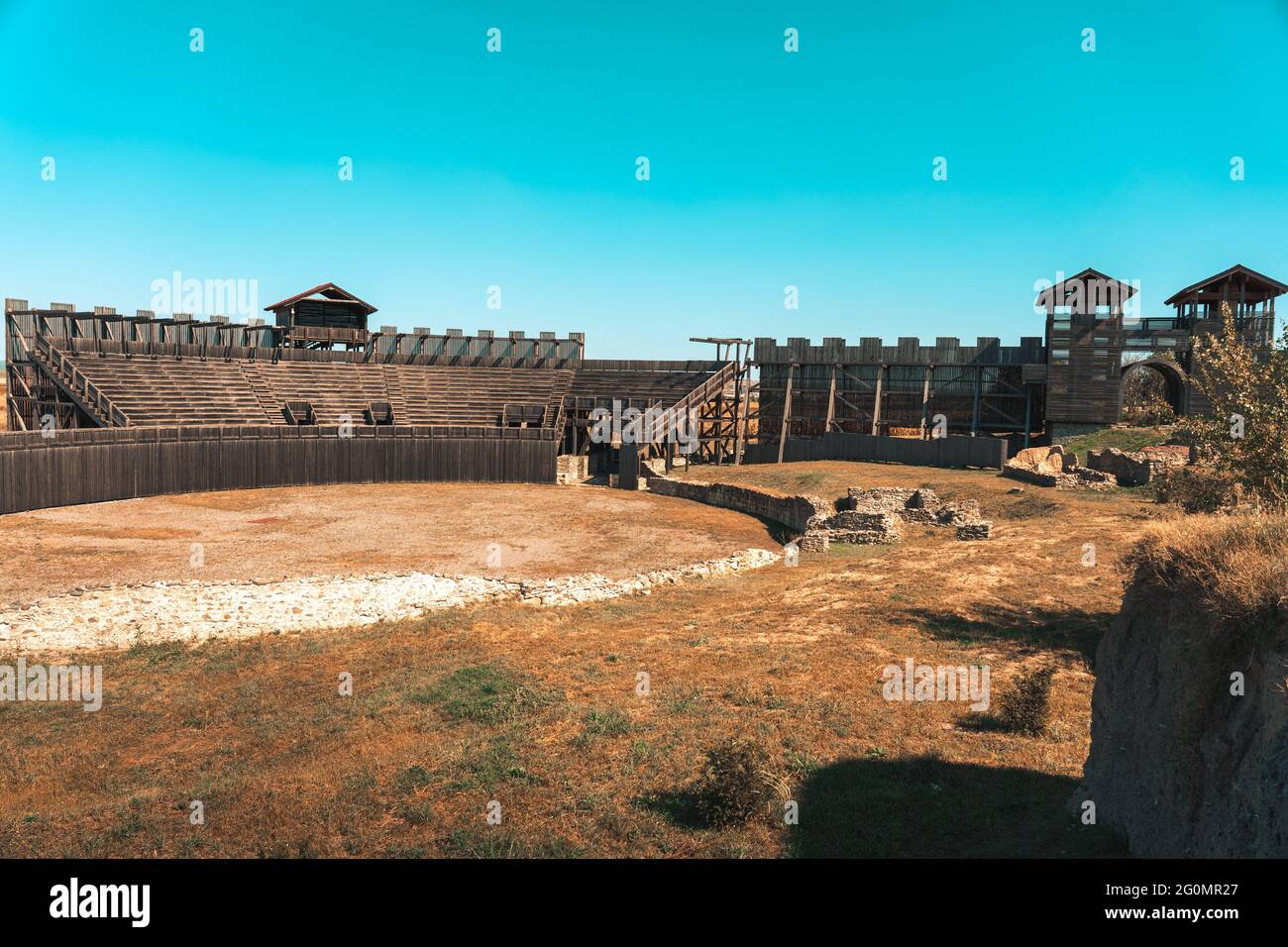 Ancient Roman amphitheater at an archeological site Viminacium in ...