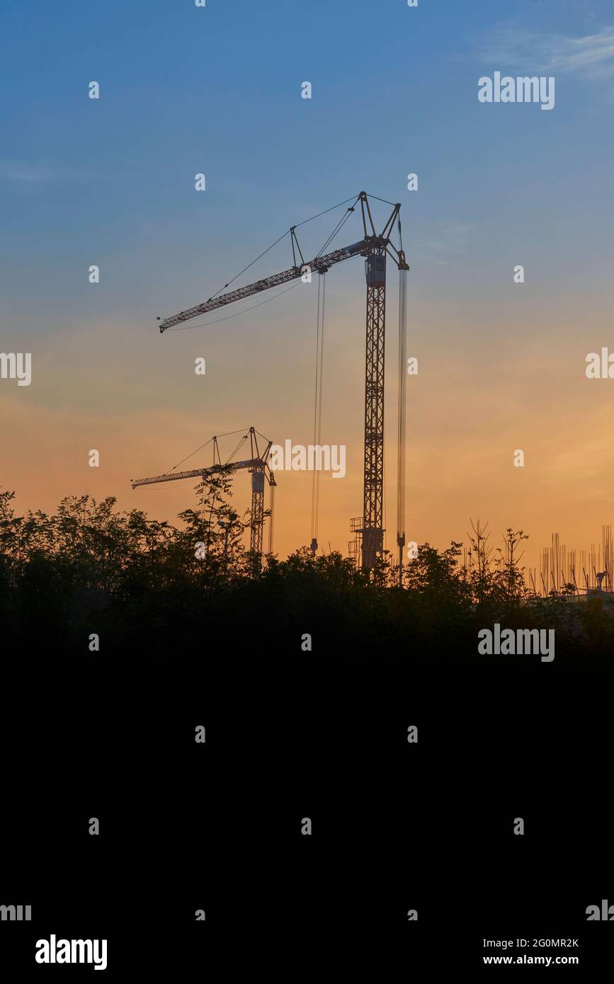 Construction cranes against the sunset Stock Photo - Alamy
