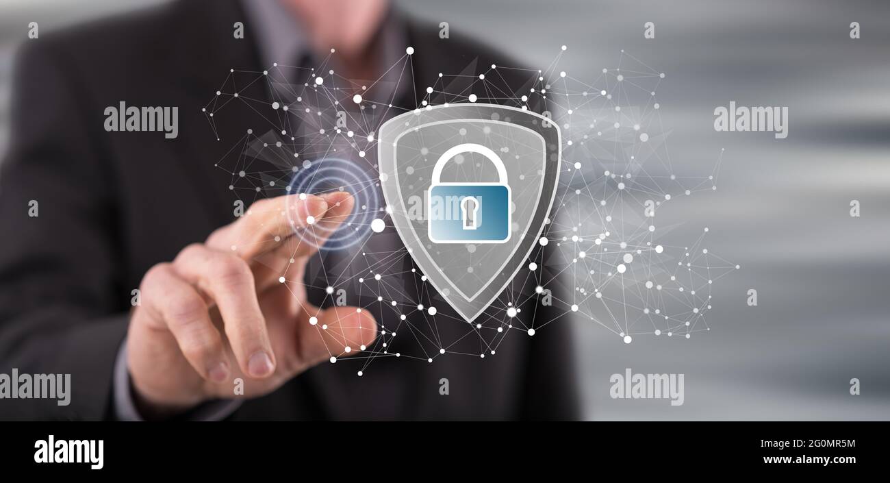 Man touching a data security concept on a touch screen with his finger ...