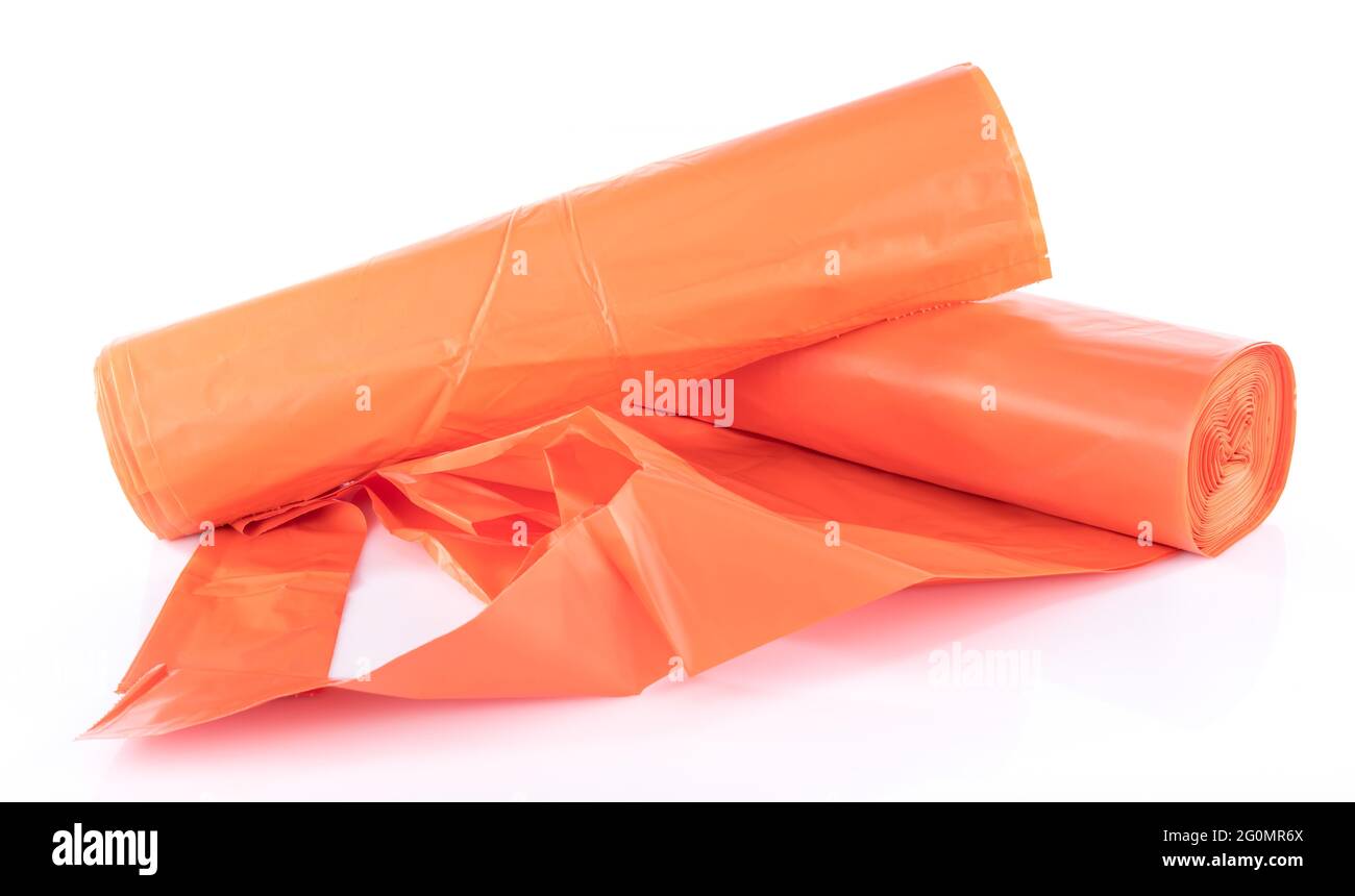 Orange garbage bags, isolated on white Stock Photo - Alamy