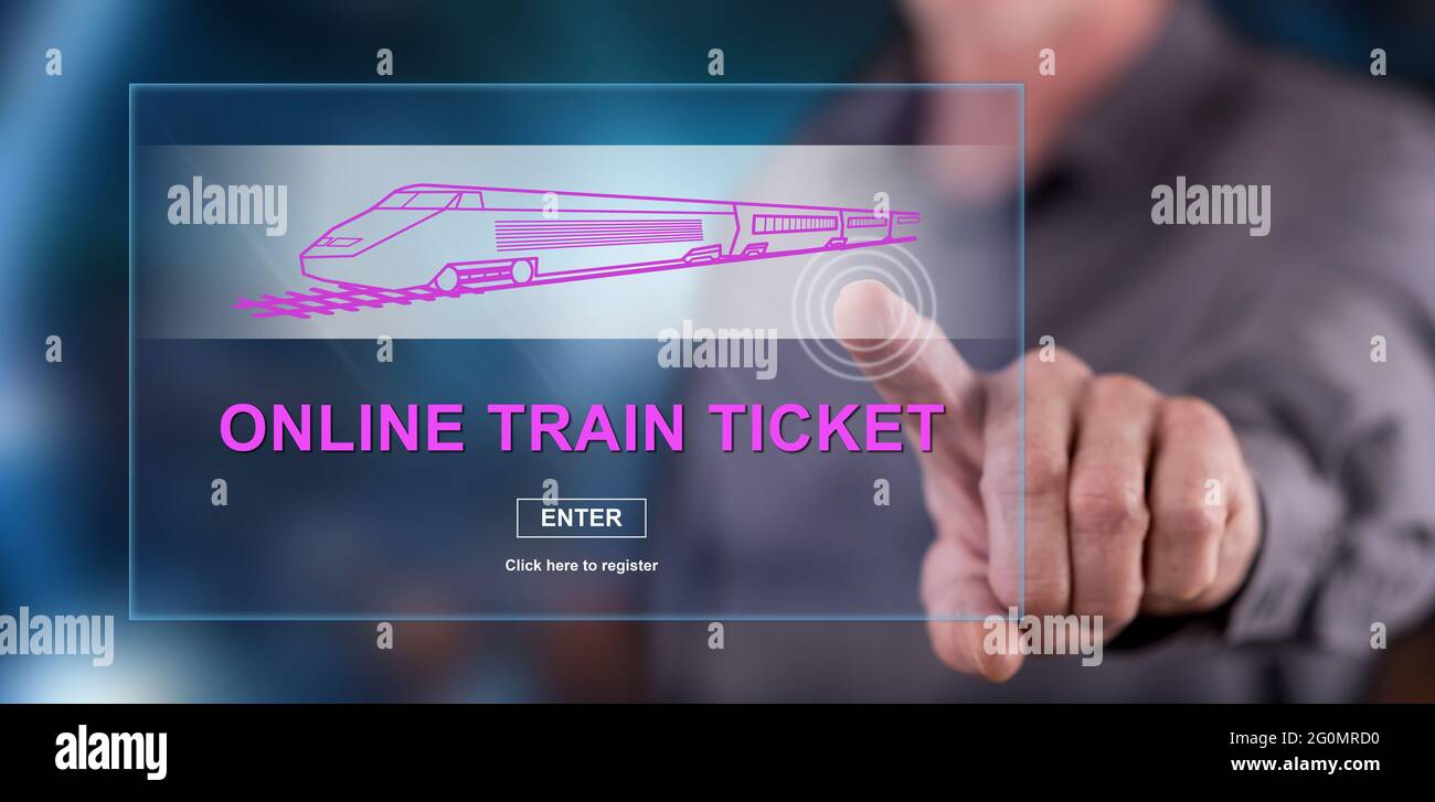 Man touching an online train ticket concept on a touch screen with his ...