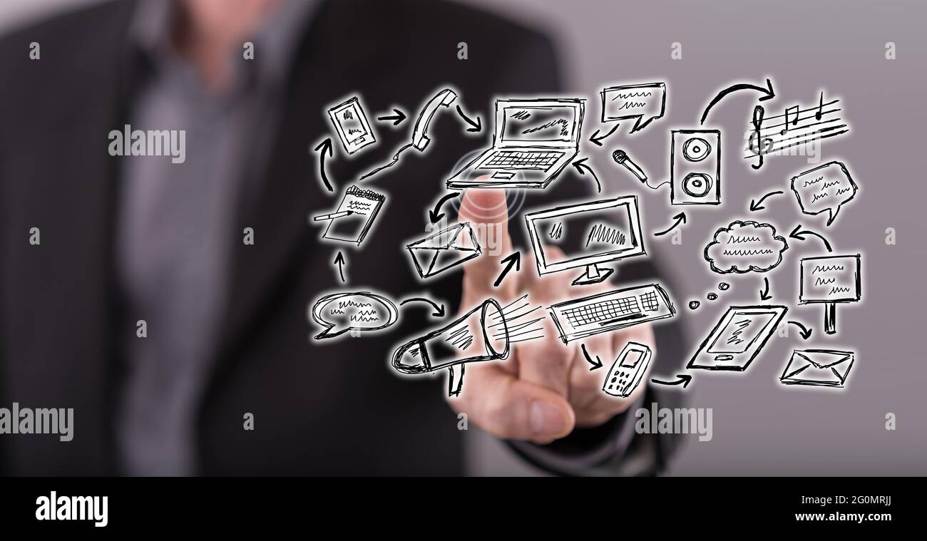 Man touching a communication concept on a touch screen with his finger ...