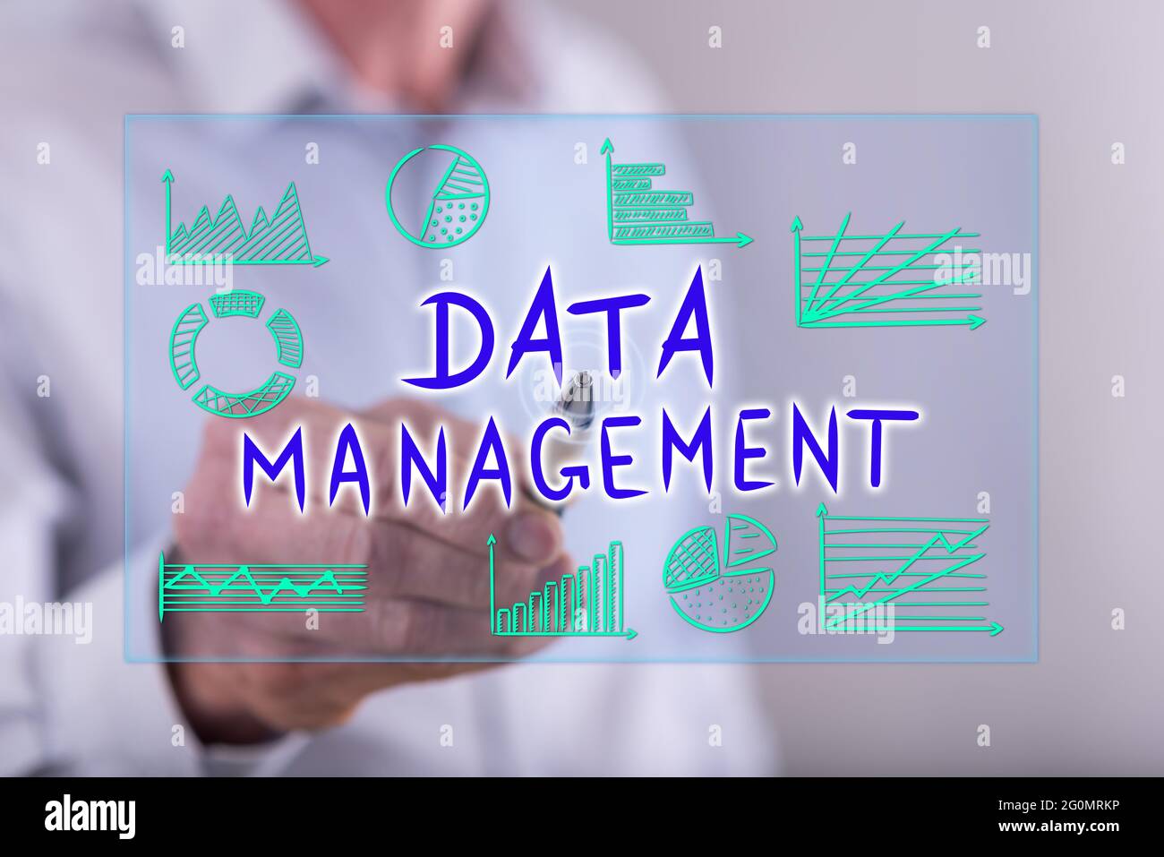Man touching a data management concept on a touch screen with a pen ...