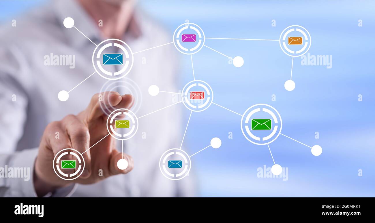 Man touching a communication network on a touch screen with his finger ...