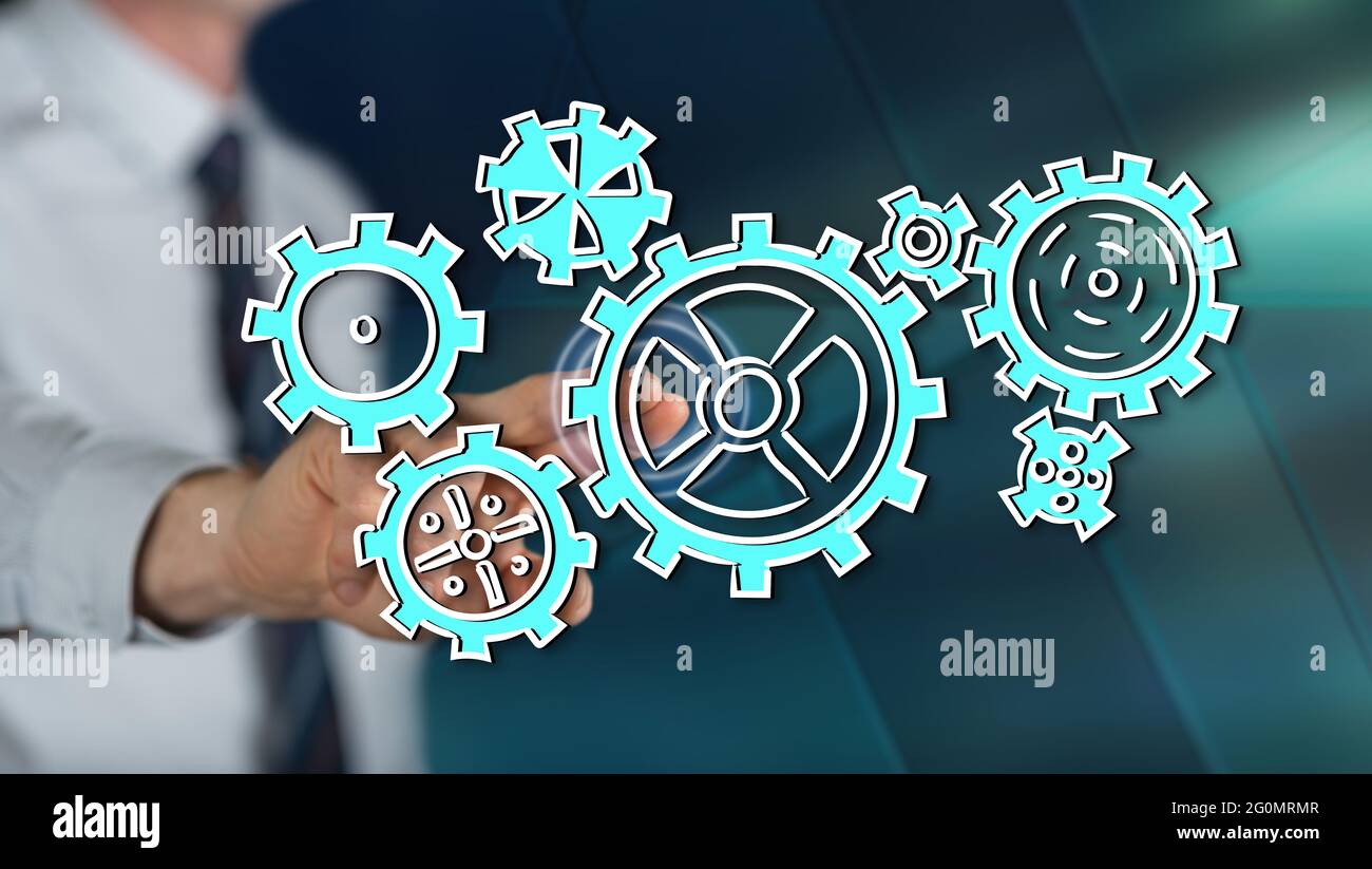 Man touching a cooperation concept on a touch screen with his finger ...