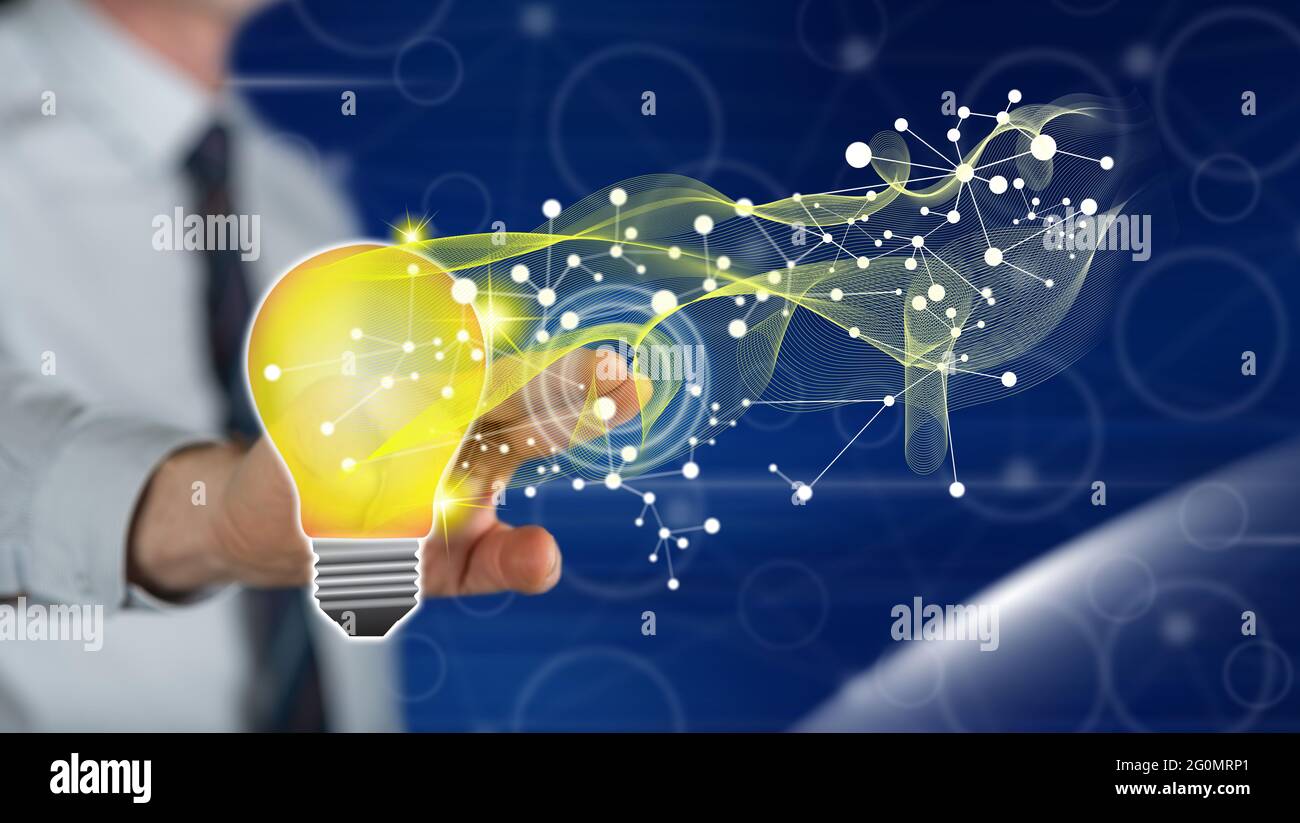 Man touching a technology innovation concept on a touch screen with his ...