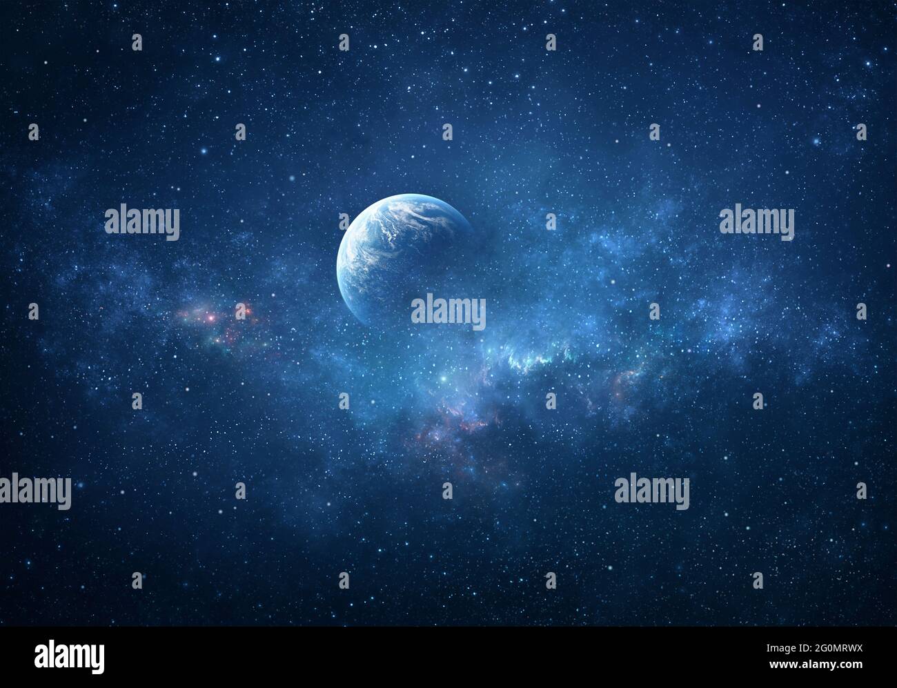 Planet and star clusters shining into deep space. Glittering stars and ...