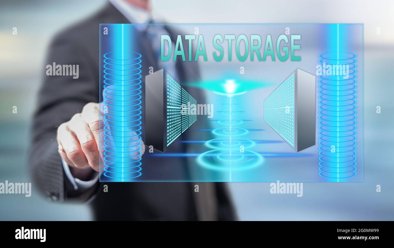 Man touching a data storage concept on a touch screen with his fingers ...