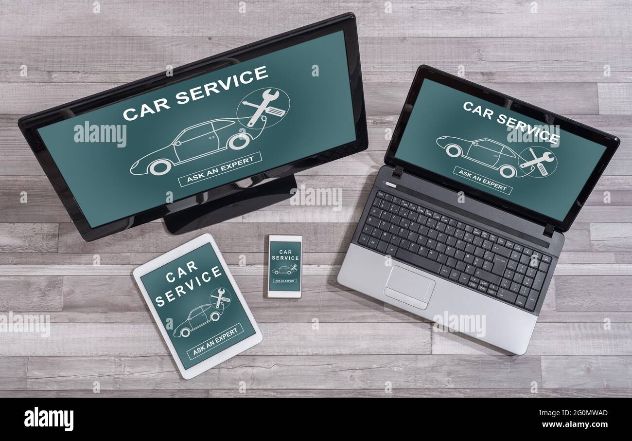 Car service concept shown on different information technology devices ...