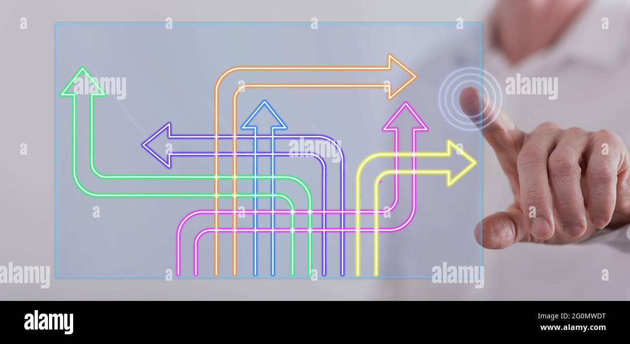Man touching a digital decision concept on a touch screen with his ...