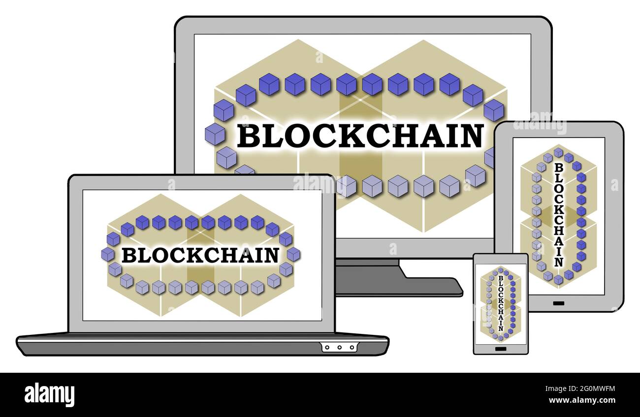 Blockchain technology concept on different devices, isolated on white ...