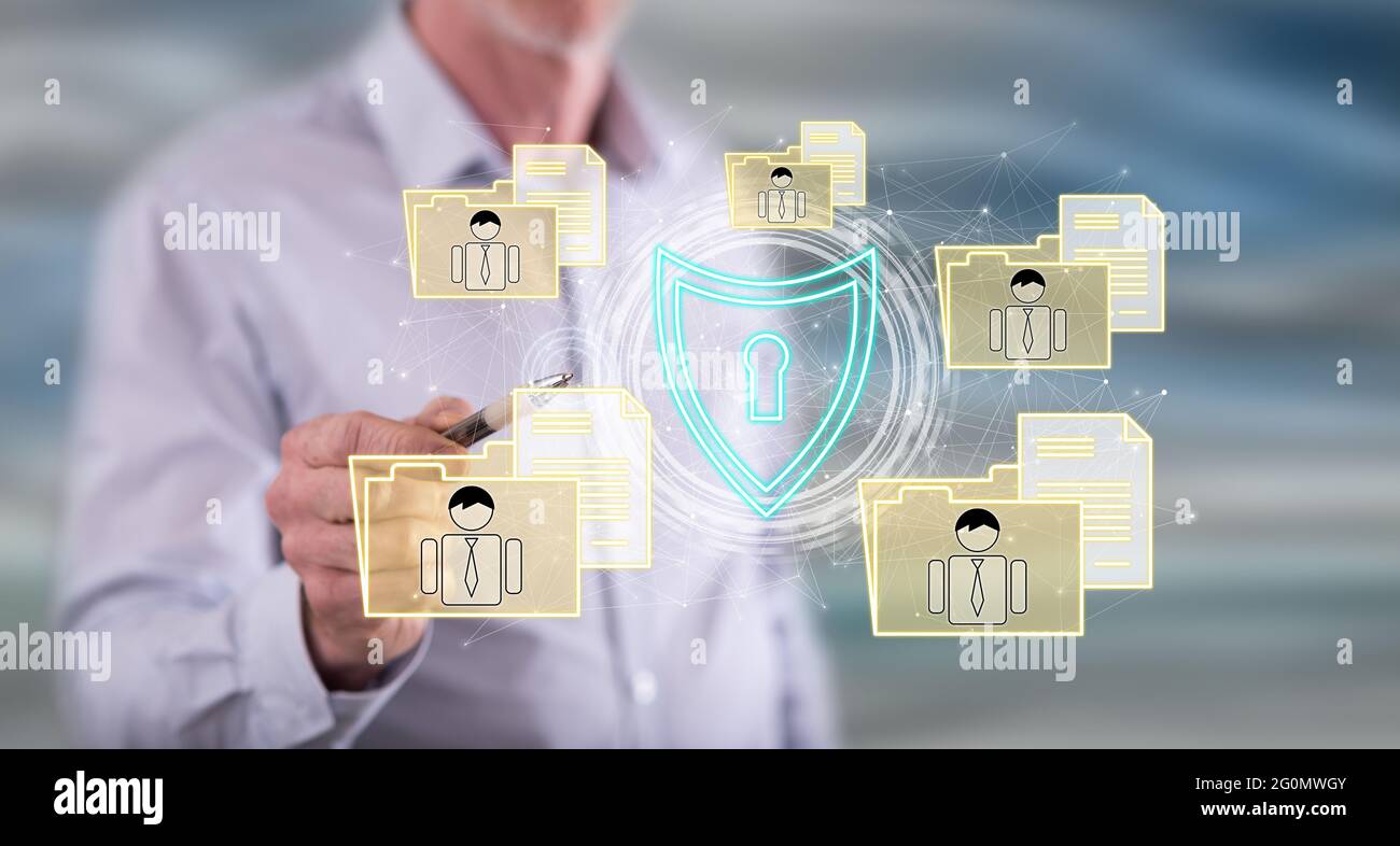 Man touching a personal data security concept on a touch screen with a ...