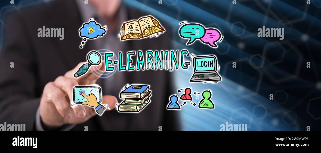 Man touching an e-learning concept on a touch screen with his finger ...