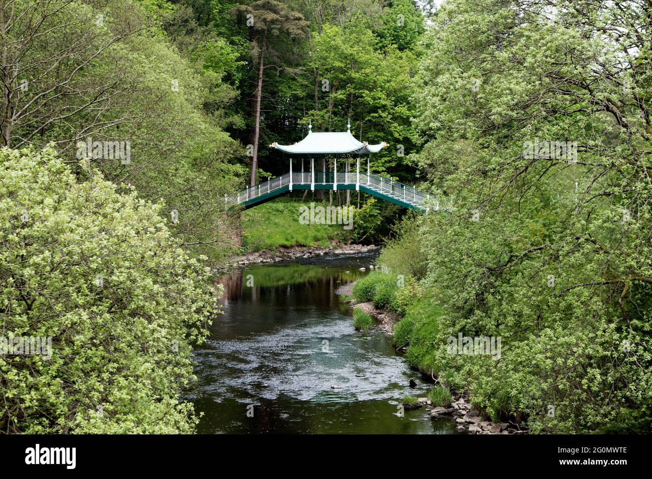 Japanese style bridge spanning a river in a country public park Stock ...