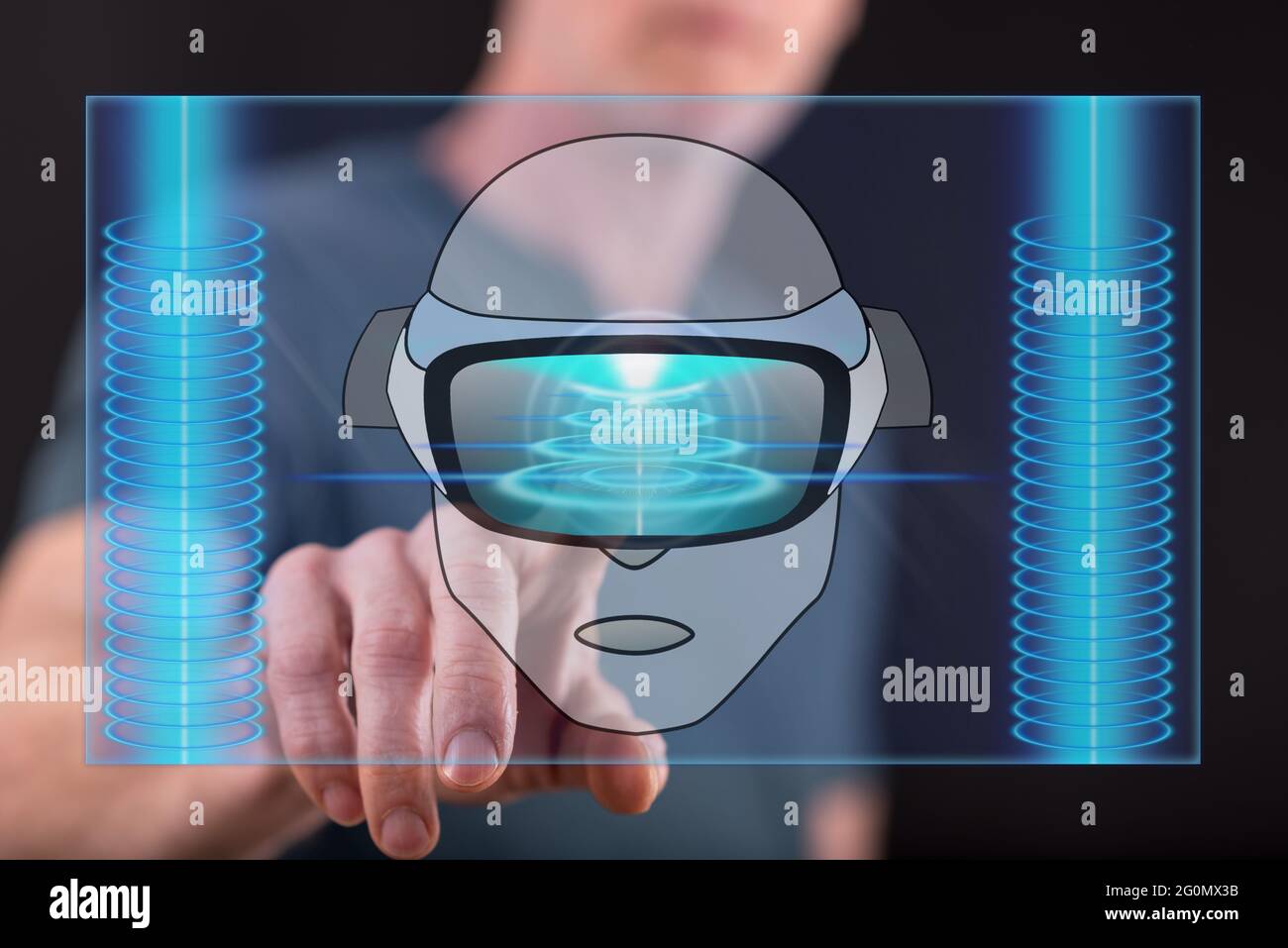 Man touching a virtual reality concept on a touch screen with his ...