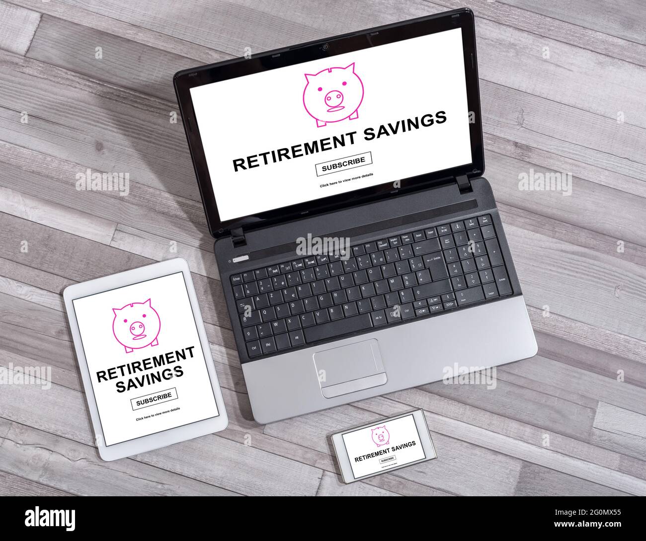 Retirement savings concept shown on different information technology ...