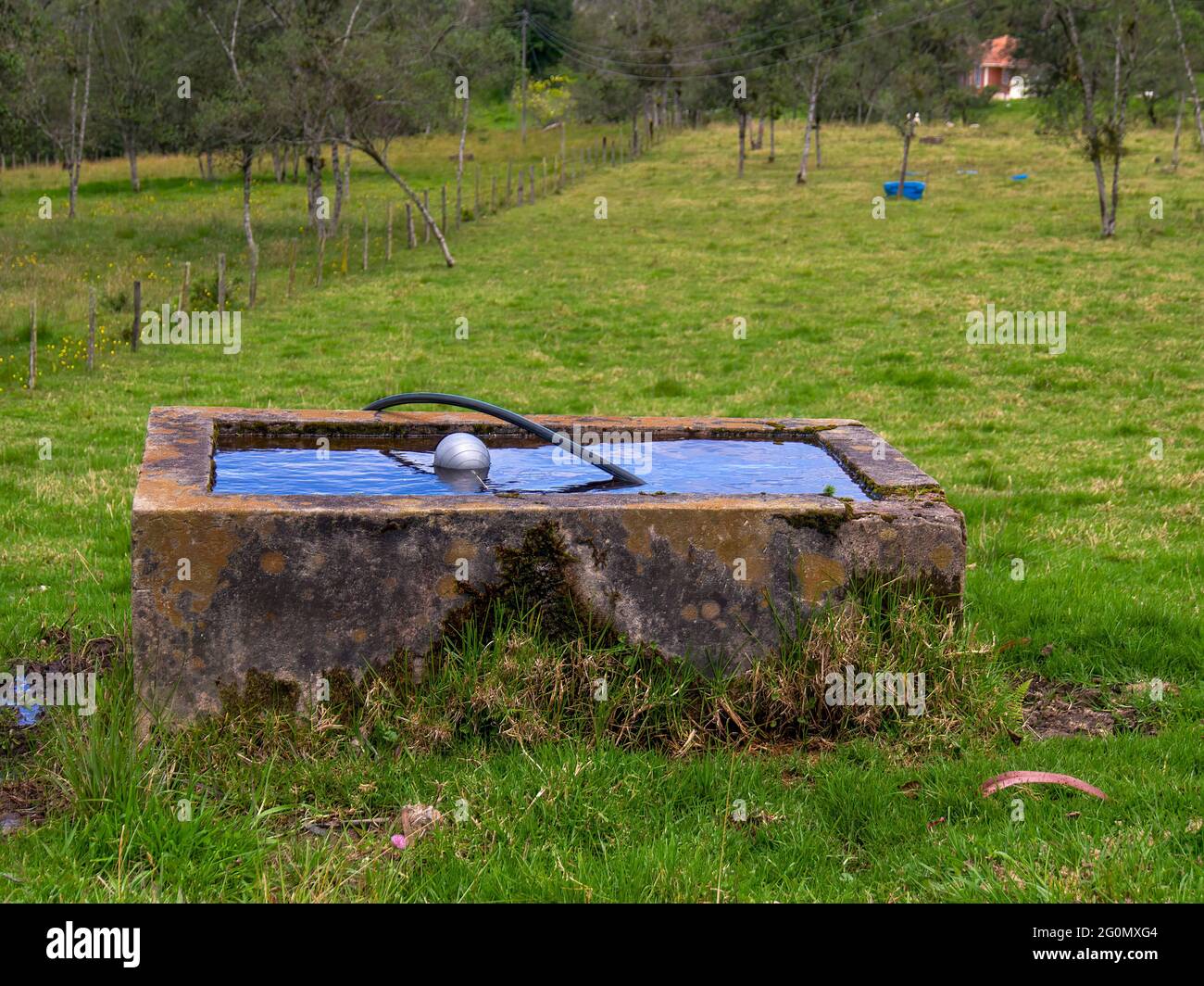 A rustic rural concrete water tank in the field of a farm near the town ...