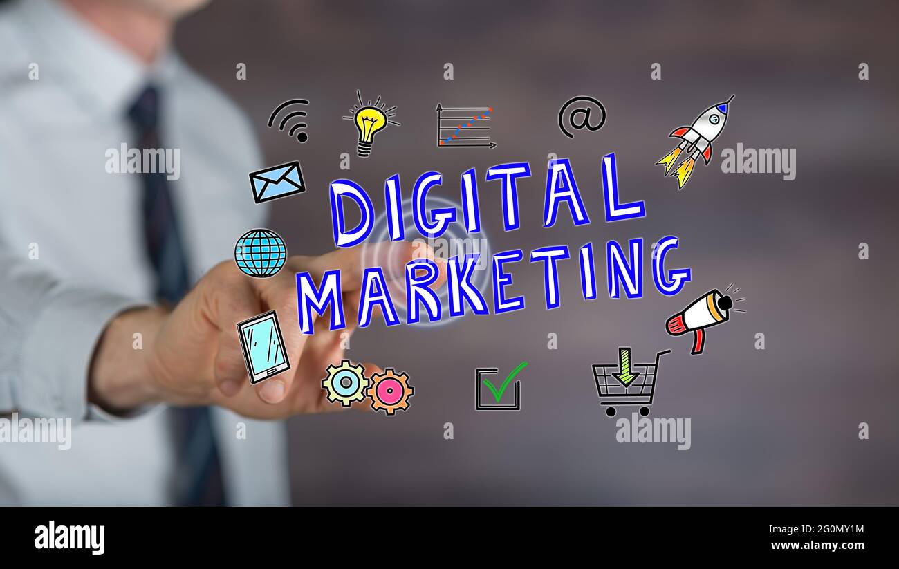 Man touching a digital marketing concept on a touch screen with his ...