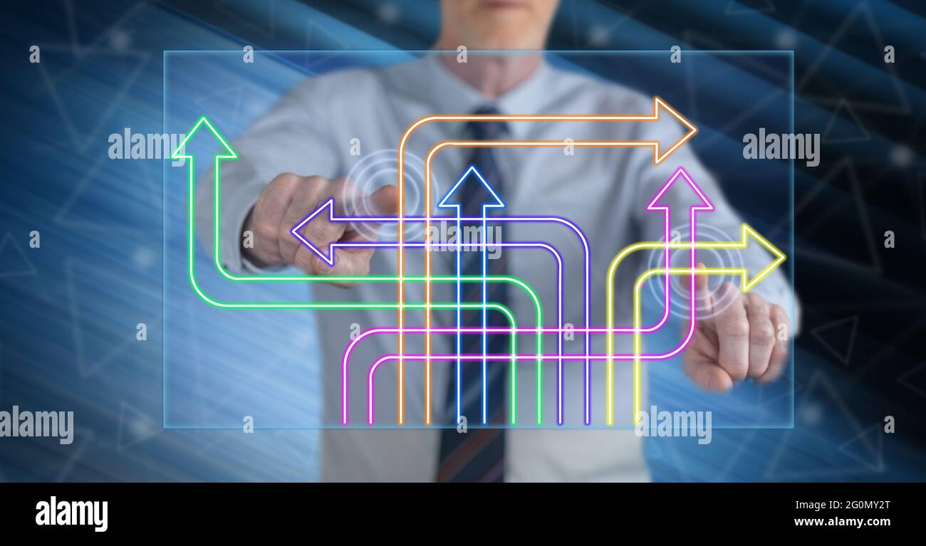 Man touching a digital decision concept on a touch screen with his ...