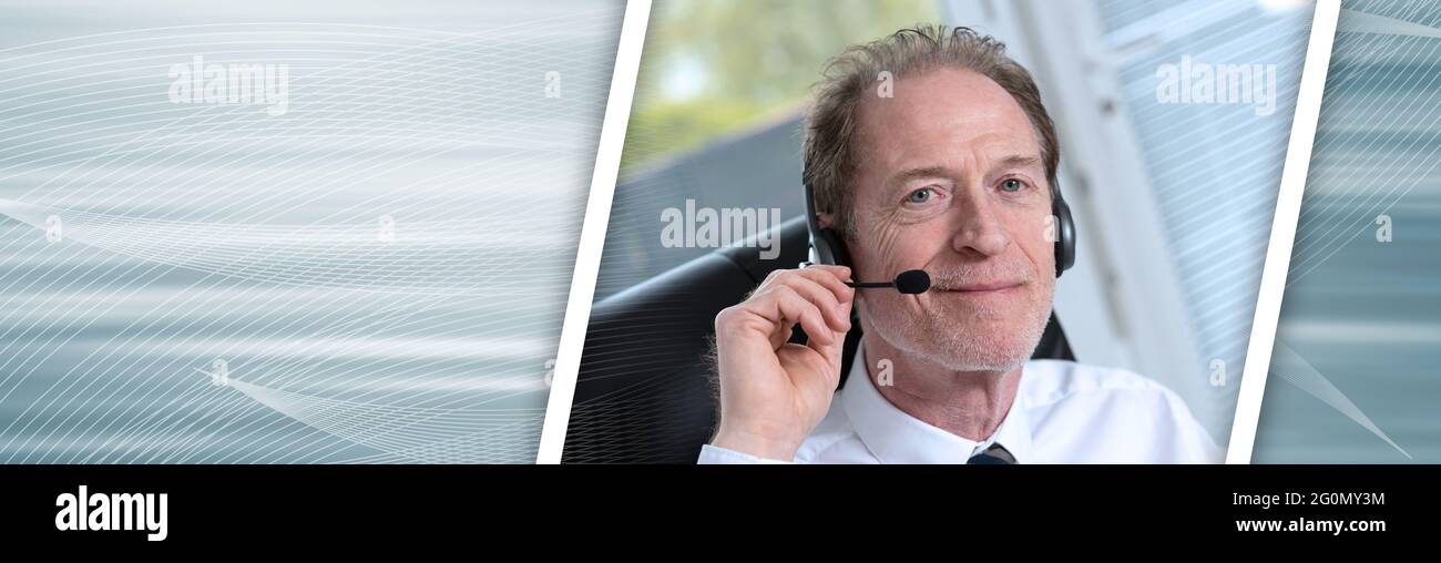 Call center banner operator with headset talking hi-res stock ...