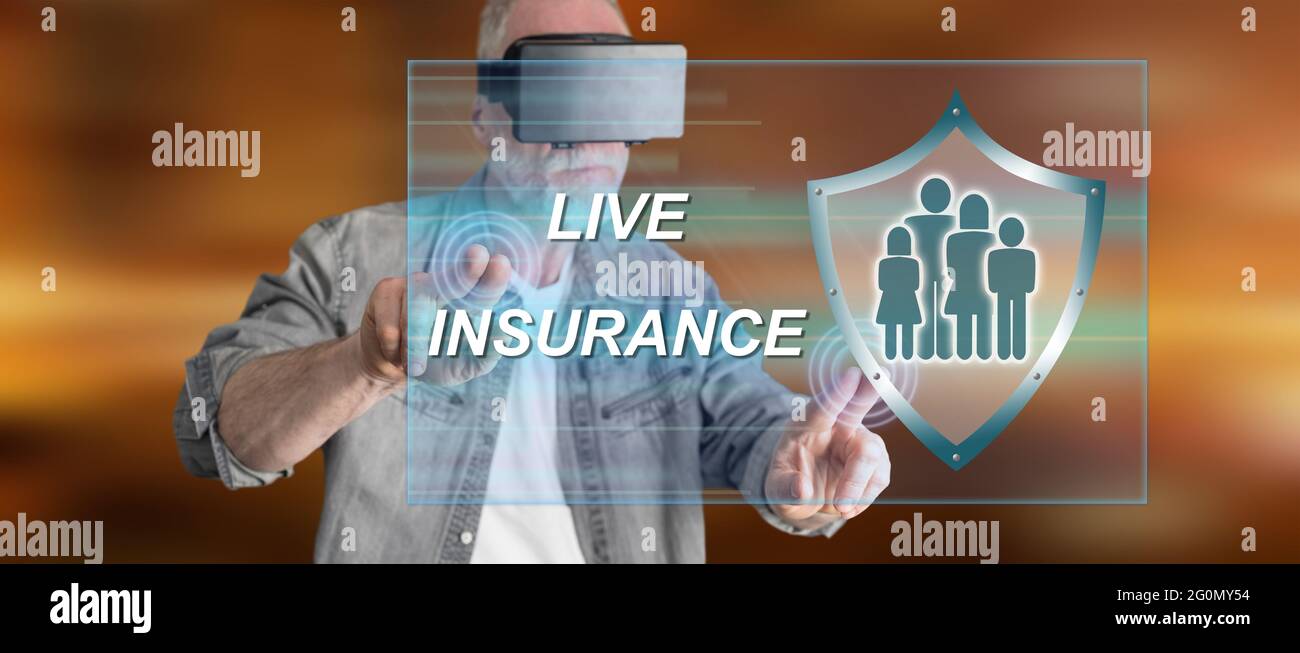 Man wearing a reality virtual headset touching a life insurance concept ...