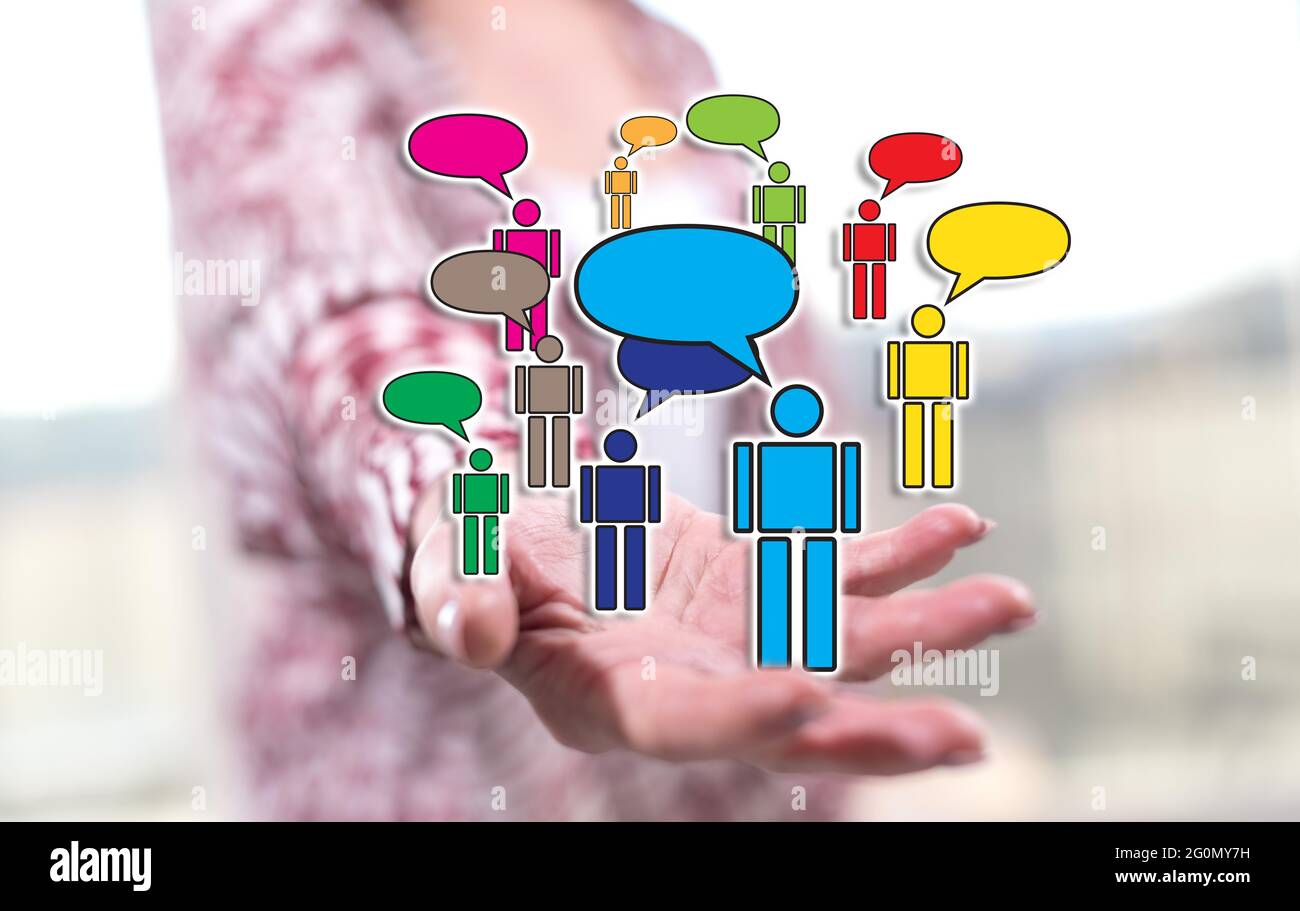 Communication concept above the hand of a woman in background Stock ...