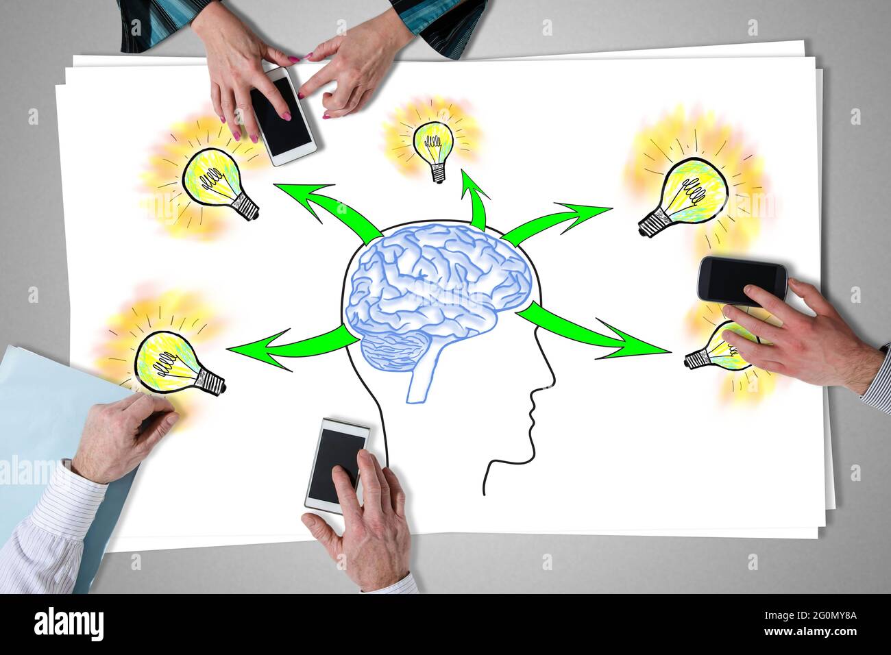 Human brain ideas concept placed on a desk with hands using smartphones ...