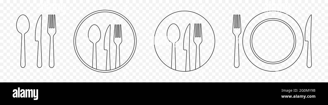 Set of outline cutlery. Fork, knife, spoon and plate. Vector ...