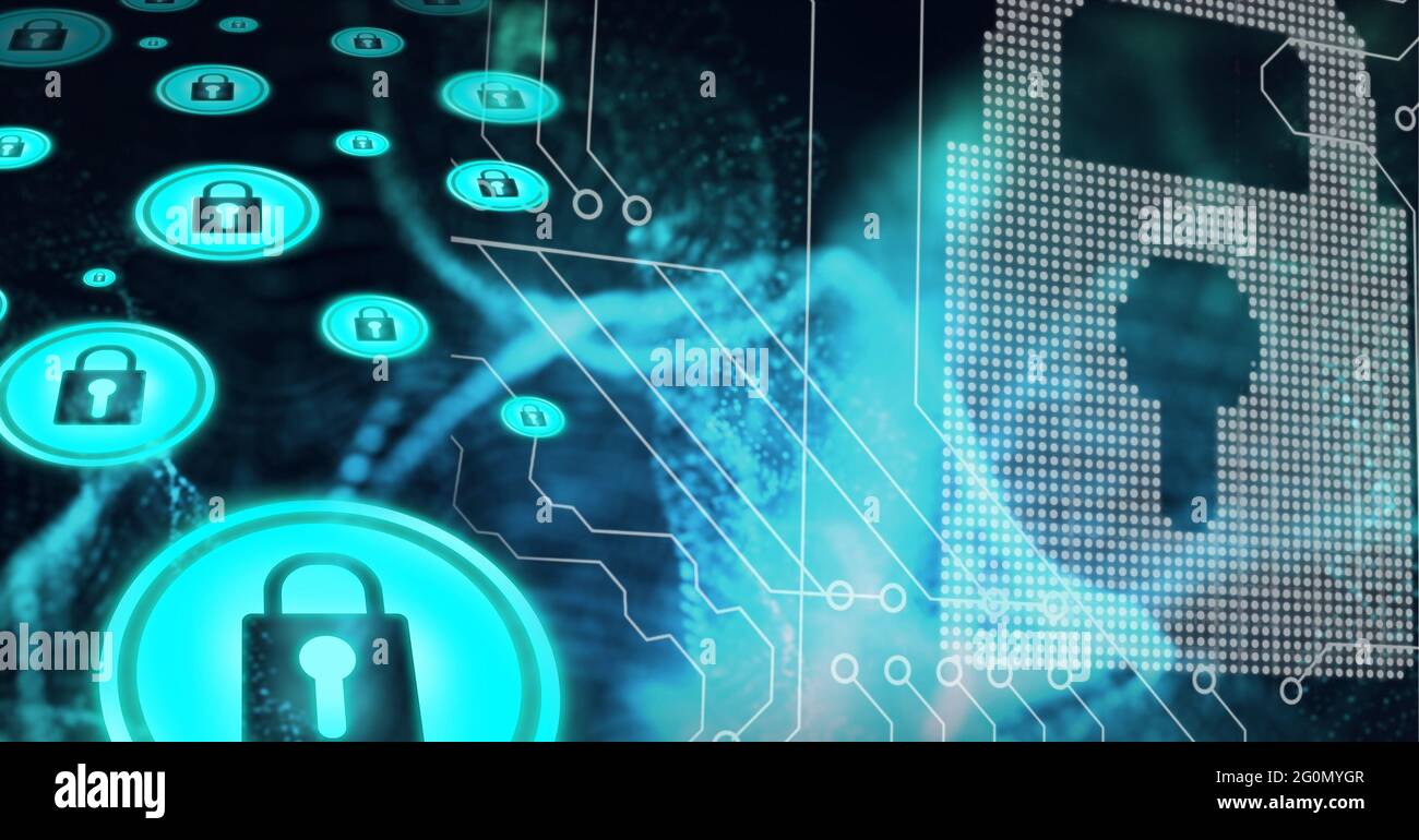 Composition Of Online Security Padlock Icons Over Computer Circuit