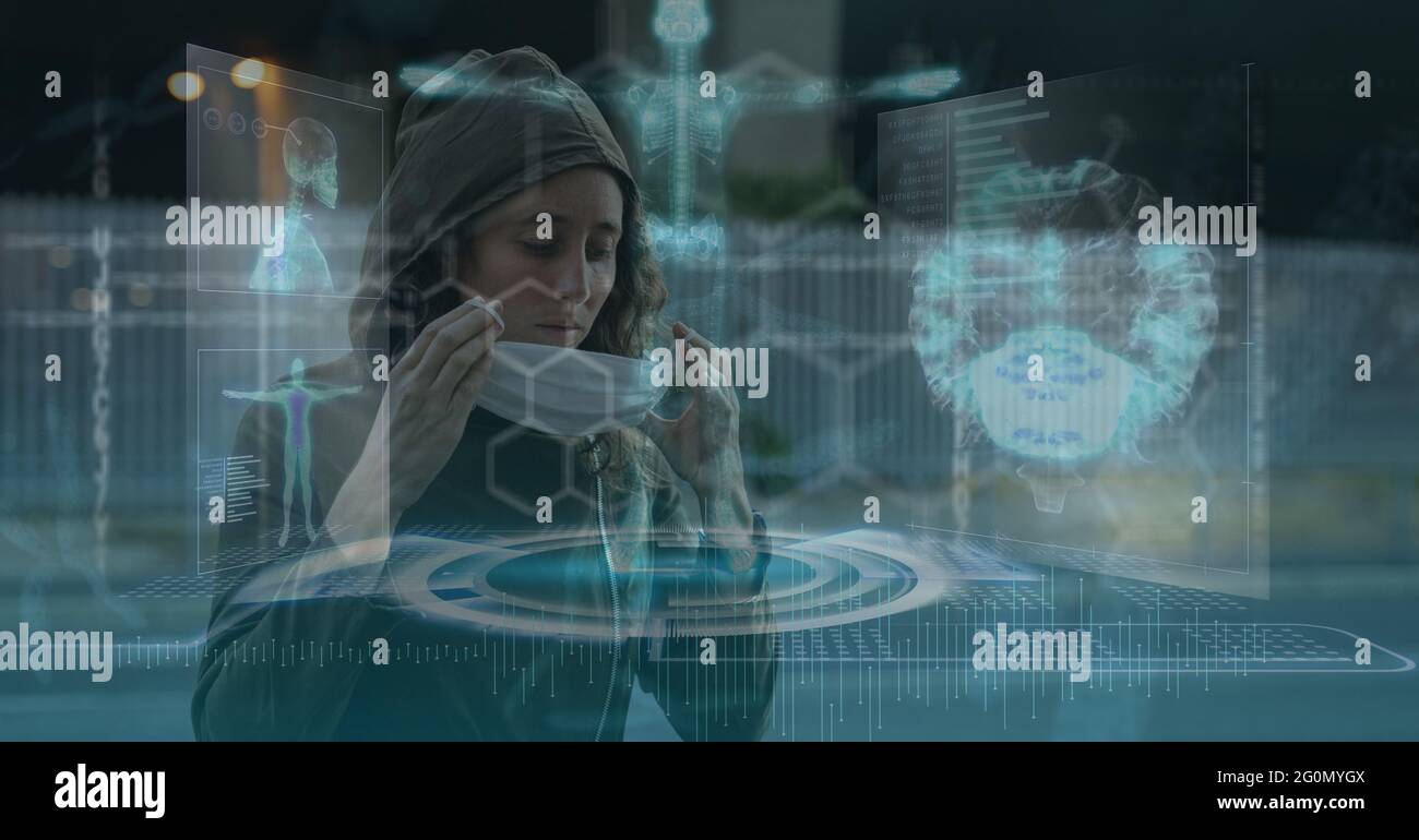 Composition of medical data processing over caucasian woman putting ...