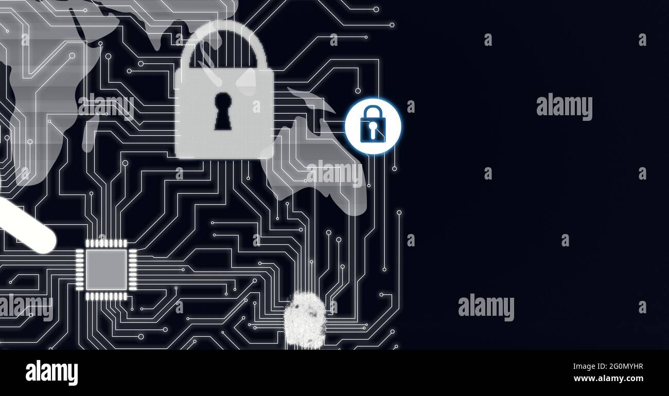 Composition of online security padlock icons over world map and computer circuit board Stock ...