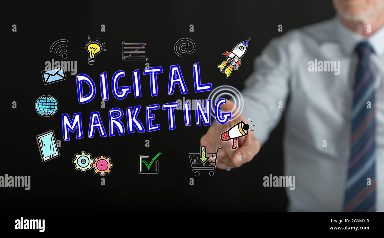 Man touching a digital marketing concept on a touch screen with his ...