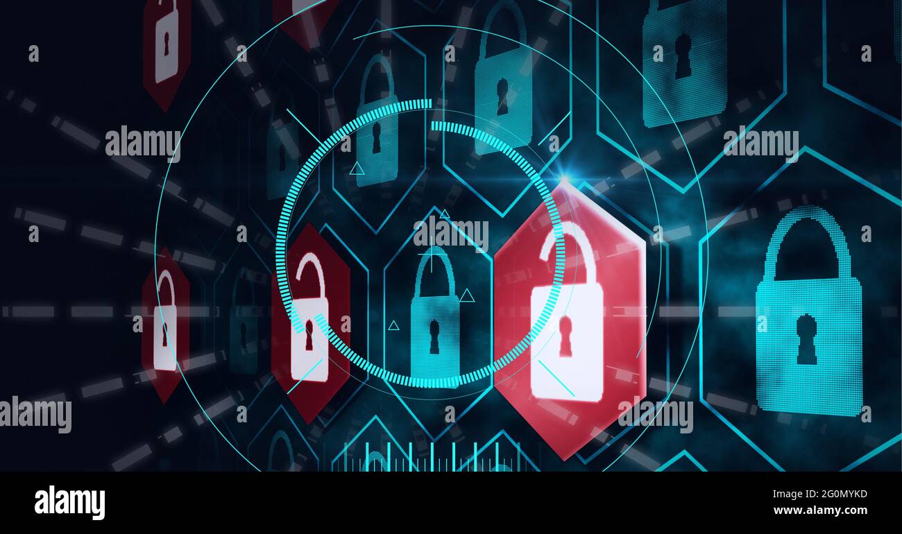 Composition of online security padlock icons and scope scanning Stock ...