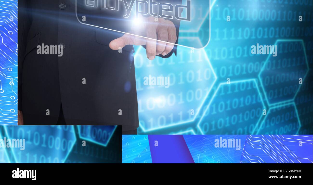 Composition of businessman touching encrypted screen over binary coding Stock Photo - Alamy