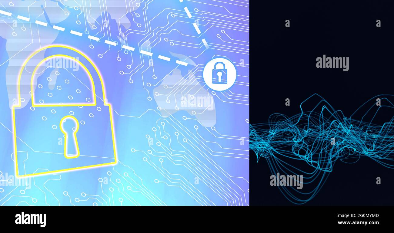 Composition of online security padlock icons over world map and computer circuit board Stock ...